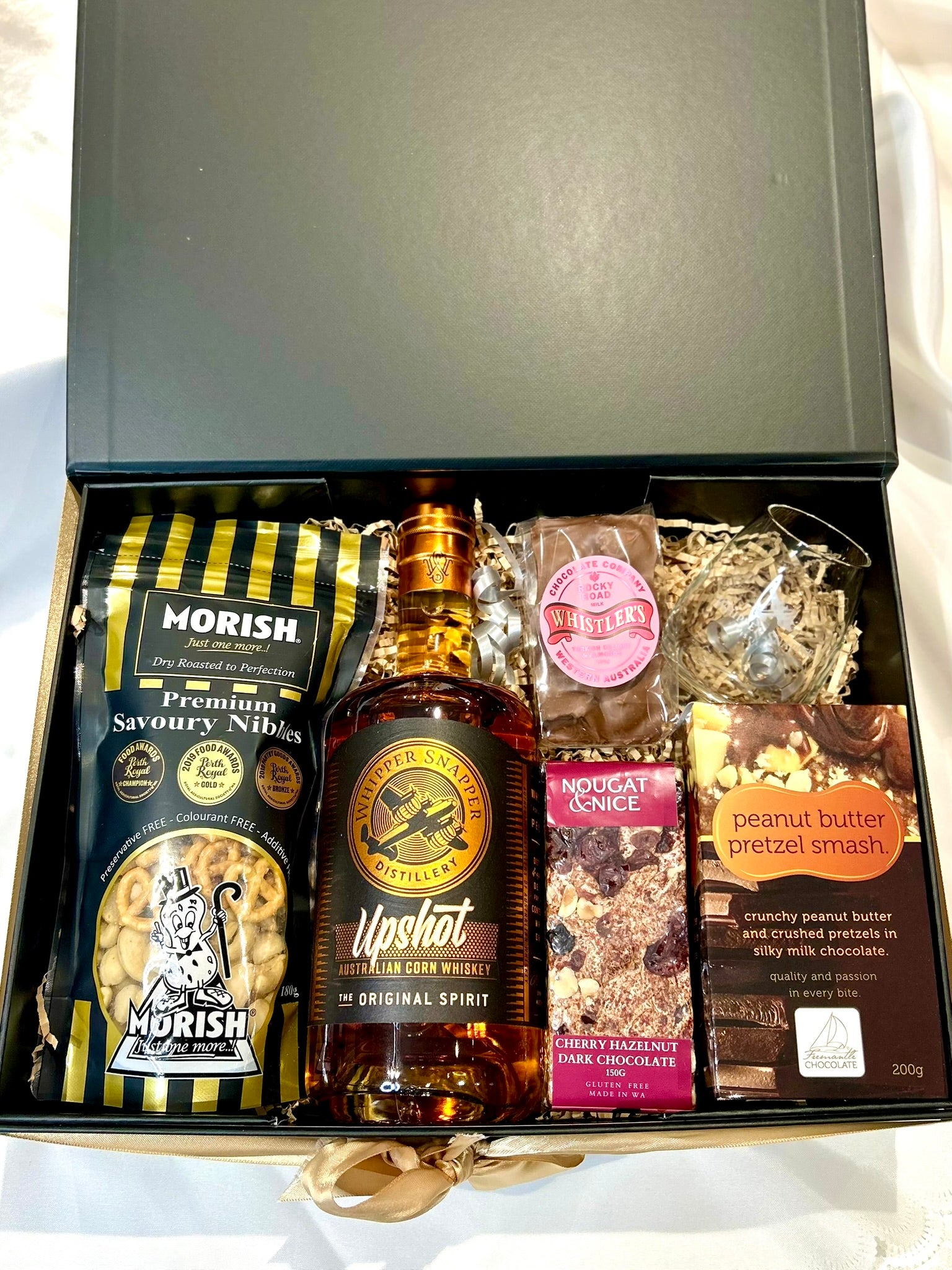 Upshot Whiskey, Whipper Snapper glass & tasty snacks – WA Gifts and Hampers